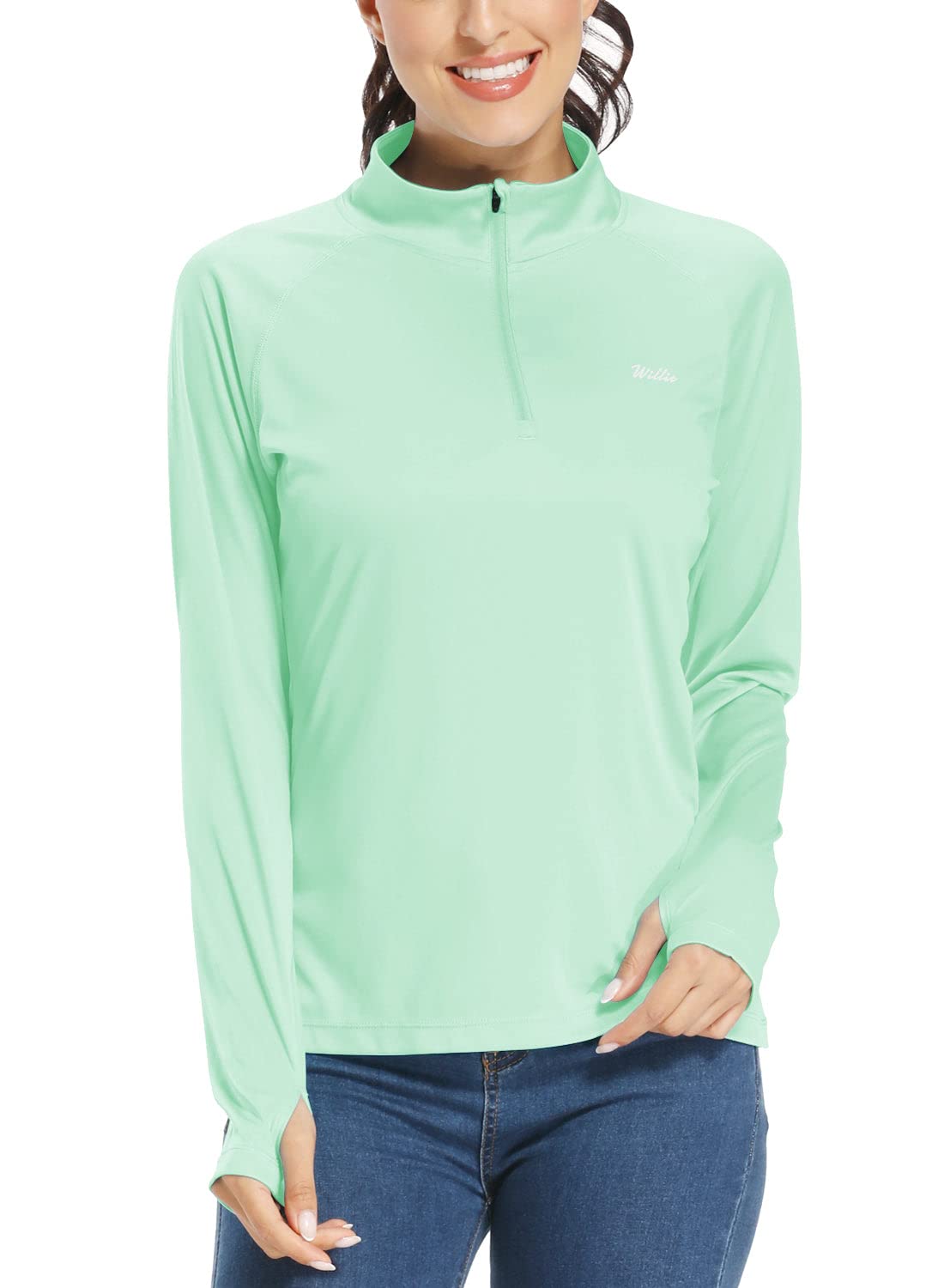 Willit Women's UPF 50+ Sun Protection Shirt SPF Long Sleeve Lightweight Half-Zip Golf Outdoor Shirt Quick Dry Rash Guard Light Green L