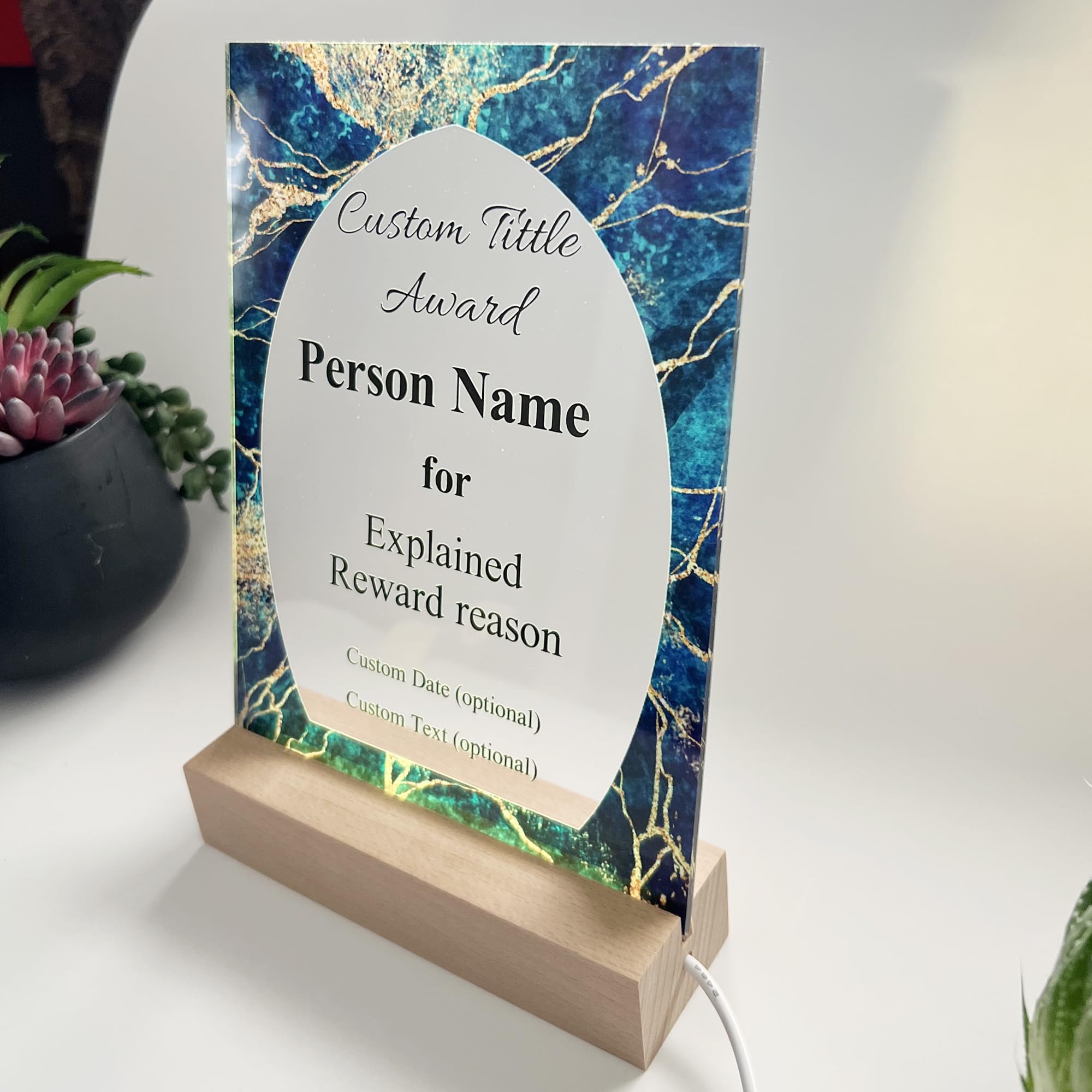 Tina&Co Customizable Award Plaque,Custom Award Plaque, Personalized Trophy Award,6 types of marble backgrounds, 5 shapes, 4 Base, with the option to add text or photos. (Award Plaque)