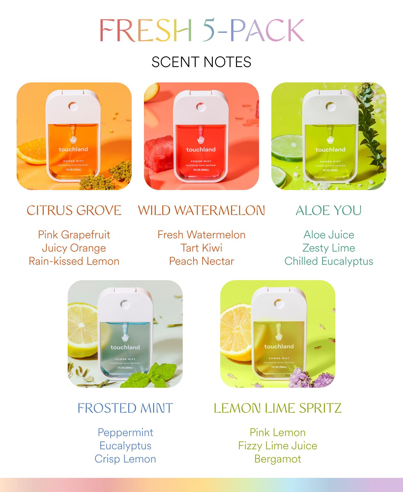 Touchland Power Mist Hydrating Hand Sanitizer FRESH 5-PACK | Mint, Citrus, Lemon Lime, Aloe, Watermelon | 500-Sprays each, 1FL OZ (Set of 5)