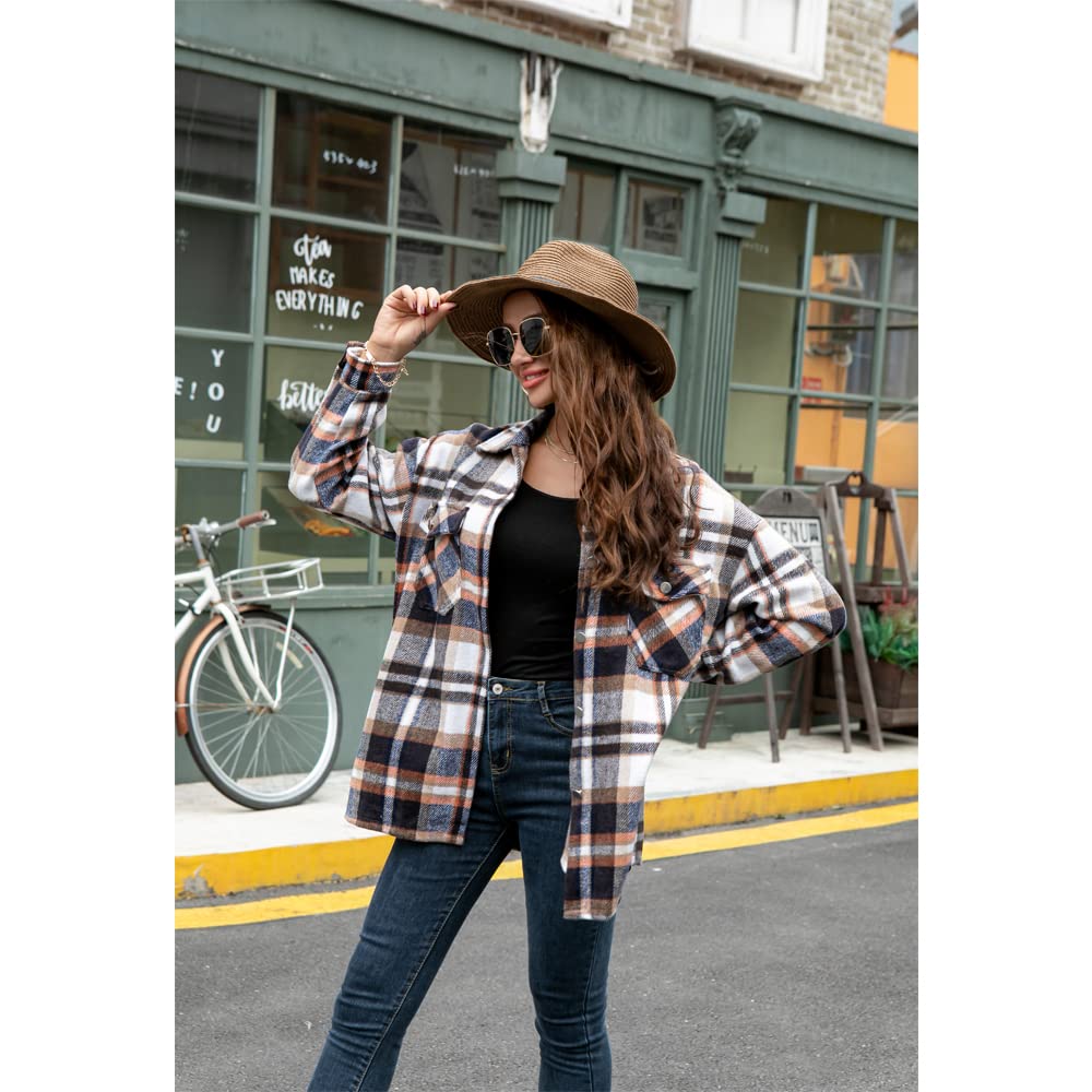 Women Classic Flannel Plaid Jacket Button Down Boyfriend Long Sleeve Lapel Shirts Casual Blouses Tops (Blue, Small)