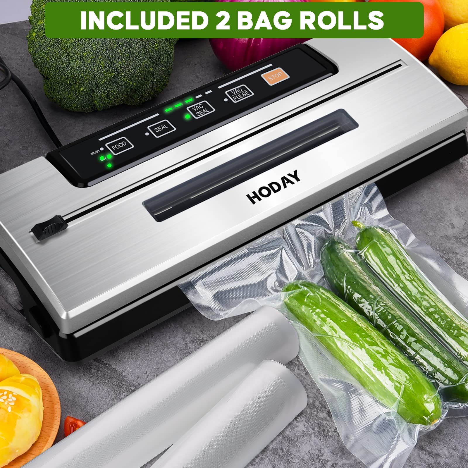 Vacuum Sealer Machine, HODAY Food Sealer with Built-in Cutter, Dry&Moist Mode, Automatic Vacuum Sealer Food Storage Machine, with 2 Bag Rolls 8βx7β and 11βx10β Compact Design, Easy to Clean