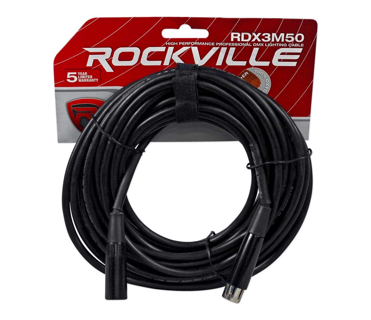 Rockville RDX3M50 50 Foot 3 Pin DMX Lighting Cable 100% OFC Copper Female 2 Male, Black
