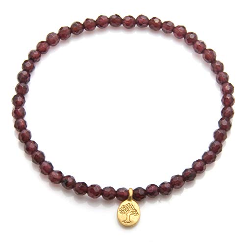 Satya Jewelry 4mm Red Garnet and 18K Yellow Gold Plated Tree of Life Charm Stretch Women's Bracelet, 7"
