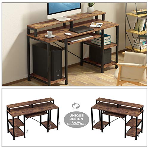 TechLand Industrial Computer Desk with Storage Shelves/Keyboard Tray/Monitor Stand, Modern Study Writing Table Workstation for Home Office