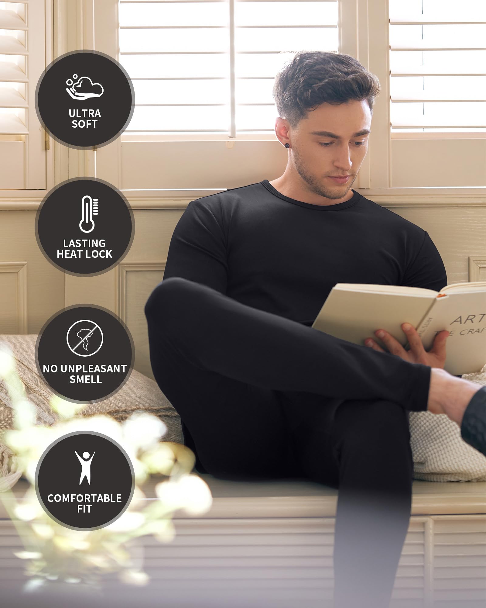 WEERTI Thermal Underwear for Men Long Johns Mens with Fleece Lined, Base Layer Men Cold Weather Top Bottom (Black L)