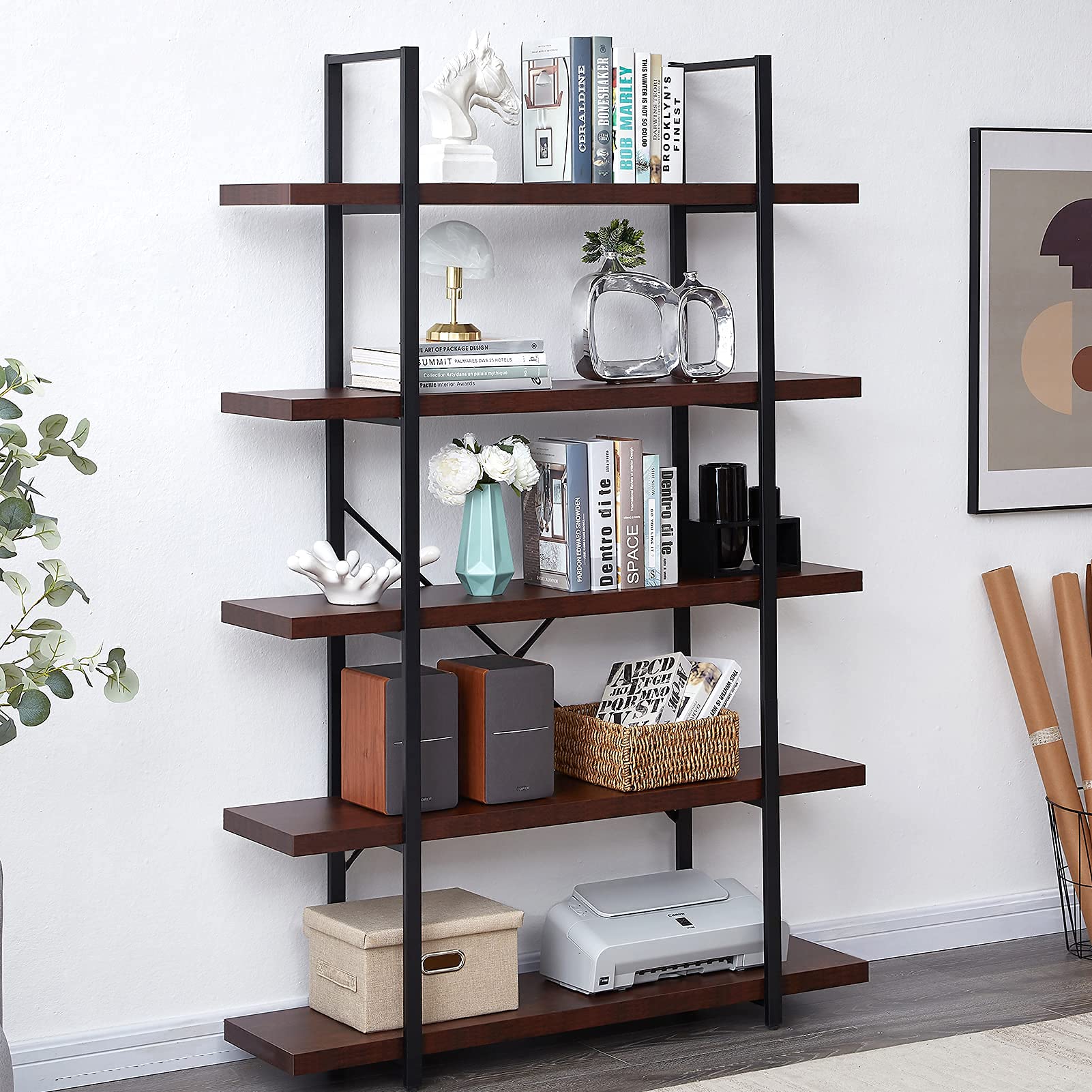 SUPERJARE 5-Tier Bookshelf, Industrial Bookcase with Metal Frame, Modern Rustic Shelving Unit for Home Office, Wood Grain - Walnut