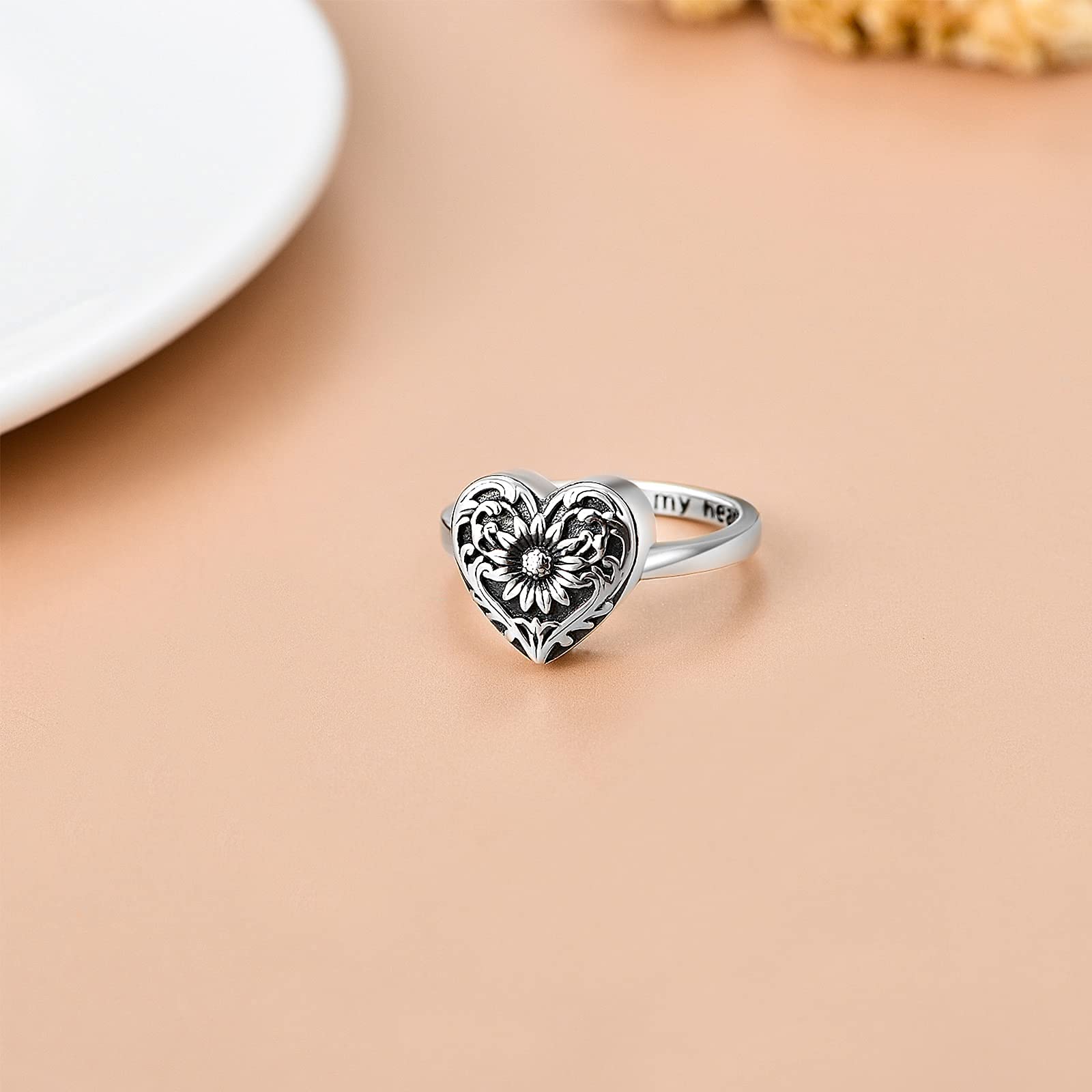 SOULMEET Sunflower Locket Urn Ring That Holds Loved Ones Ashes Sterling Silver Personalized Locket Band Keepsake Memorial Jewelry Cremation Rings for women Size 8