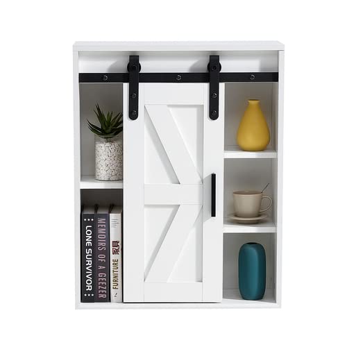 TINGSING Farmhouse Wood Wall-Mounted Bathroom Cabinet, 5-Layer Toilet Storage Cabinet, Multifunctional Cabinet with Sliding Barn Door, Perfect for Dining, Living Room, Bathroom, Kitchen (White)