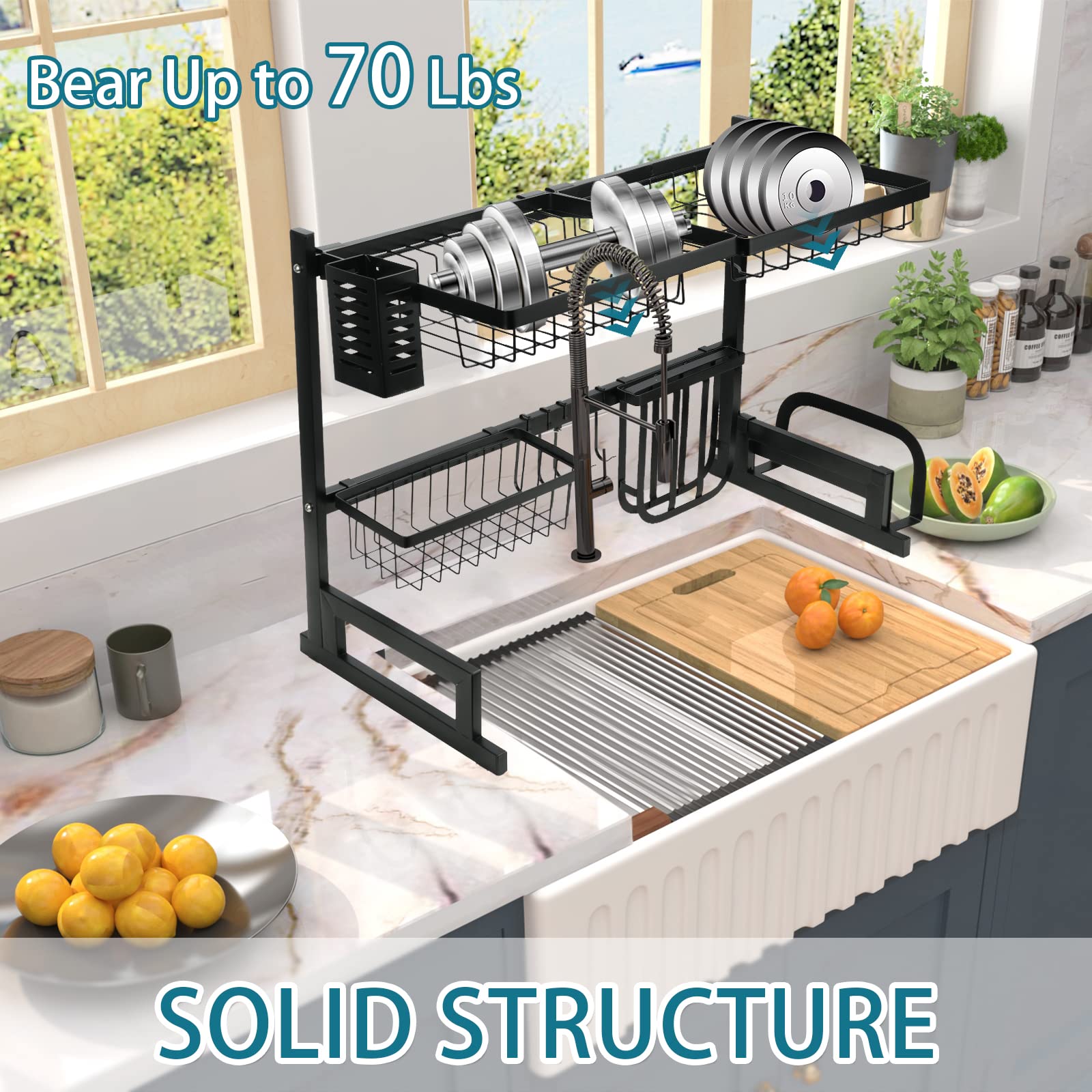 Vipush Over The Sink Dish Drying Rack - Large Dish Drainer for Storage Kitchen Counter Organization, Adjustable Stainless Steel Over Sink Display(25-35inch)