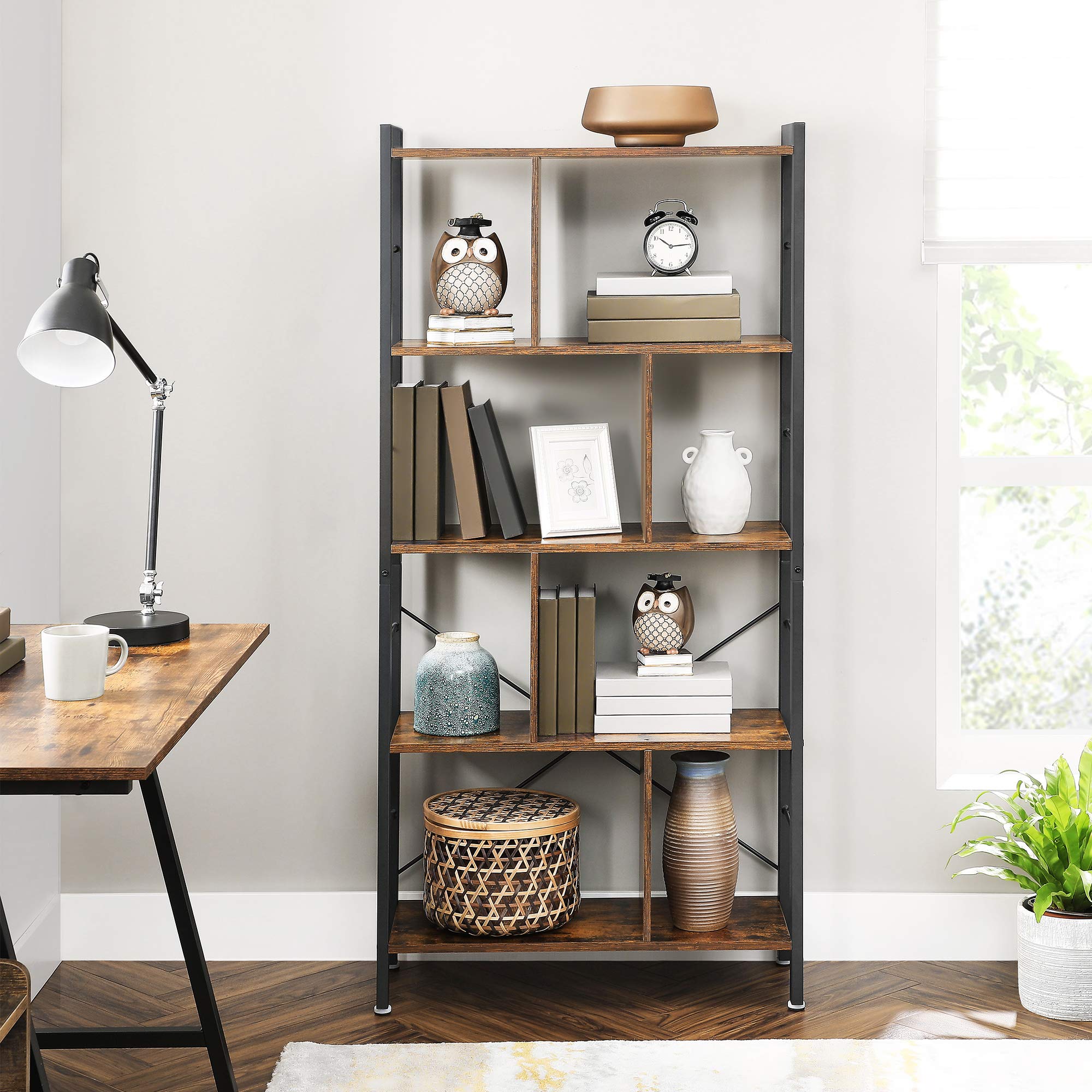 VASAGLE ALINRU Bookcase, 4-Tier Industrial Bookshelf, Floor Standing Storage Rack in Living Room Office Study, Large Storage Space, Simple Assembly, Stable Iron Frame, Rustic Brown ULBC12BX