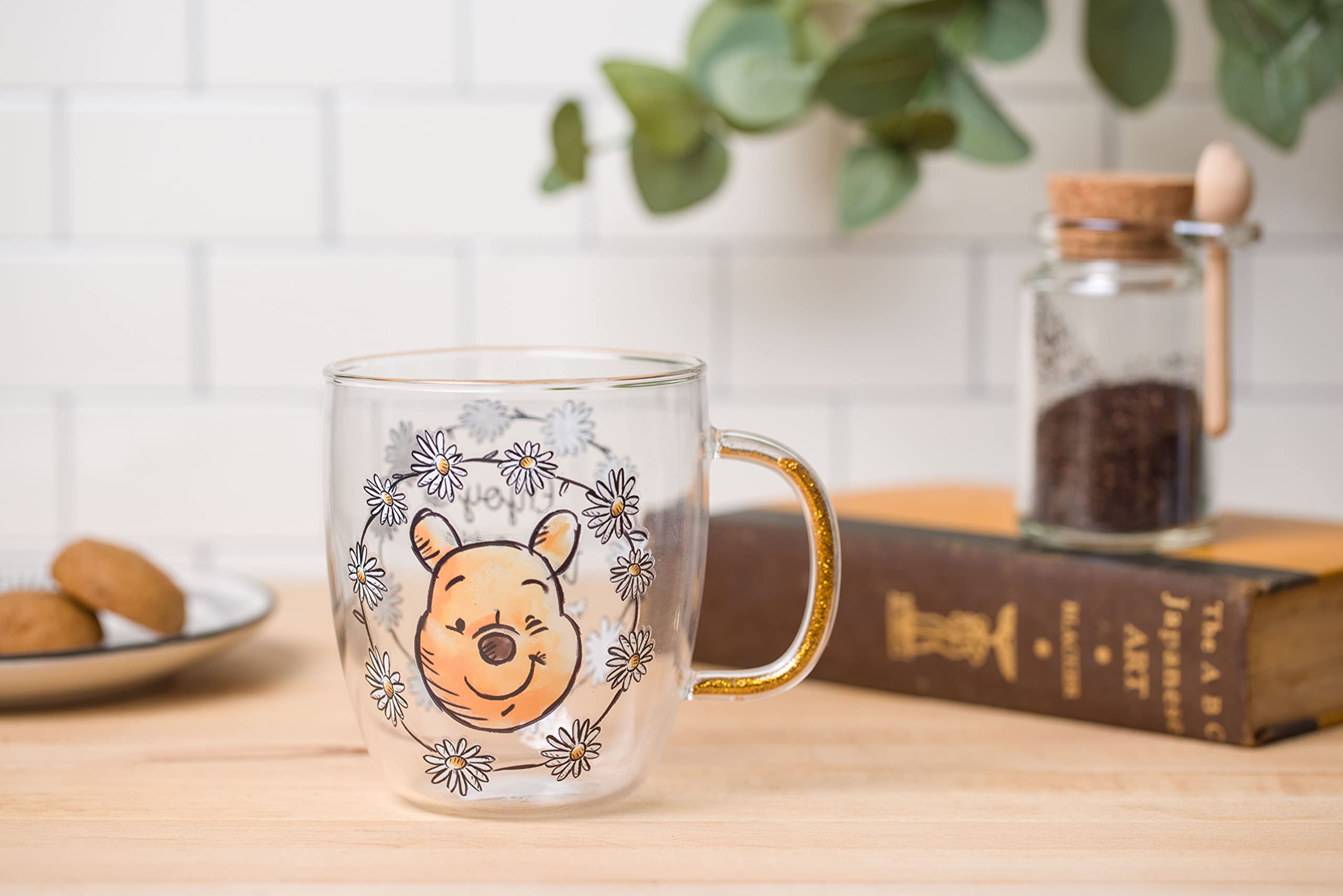 Silver Buffalo Disney Winnie the Pooh Enjoy The Little Things Glitter Handle Glass Mug, 14 Ounces