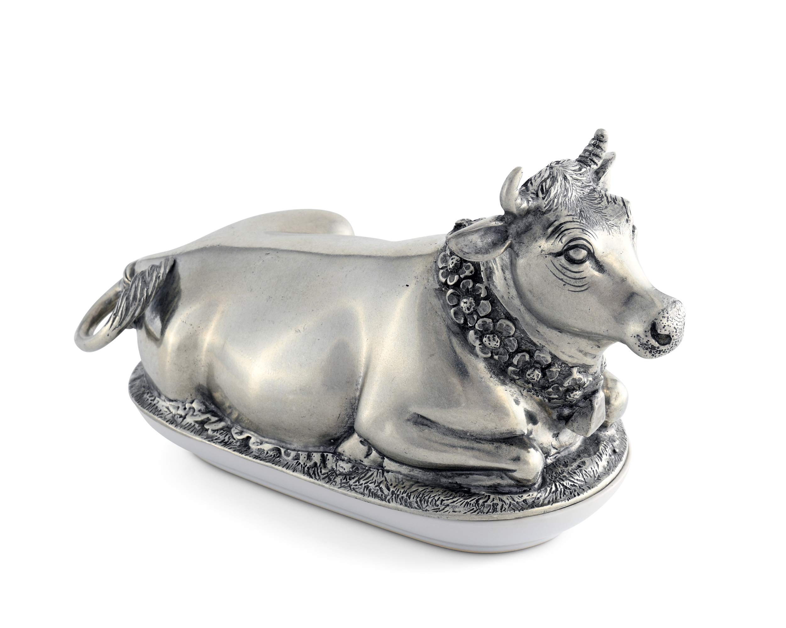 Vagabond House Pewter Metal Mabel the Cow Covered Butter Cream Cheese Dish Container Keeper Heirloom Quality with Stoneware Tray Base 8.5 inch Long