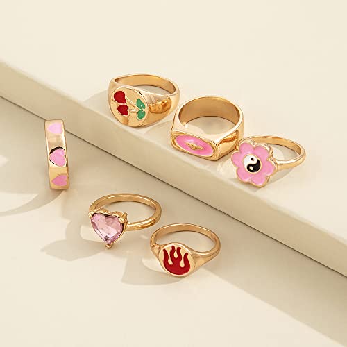 YOOESTORES82 Cute Gold Knuckle Ring Set Heart Yin Yang Stackable Rings Rhinestone Flower Multiple Flame Midi Finger Ring Sets for Women Girls (A)
