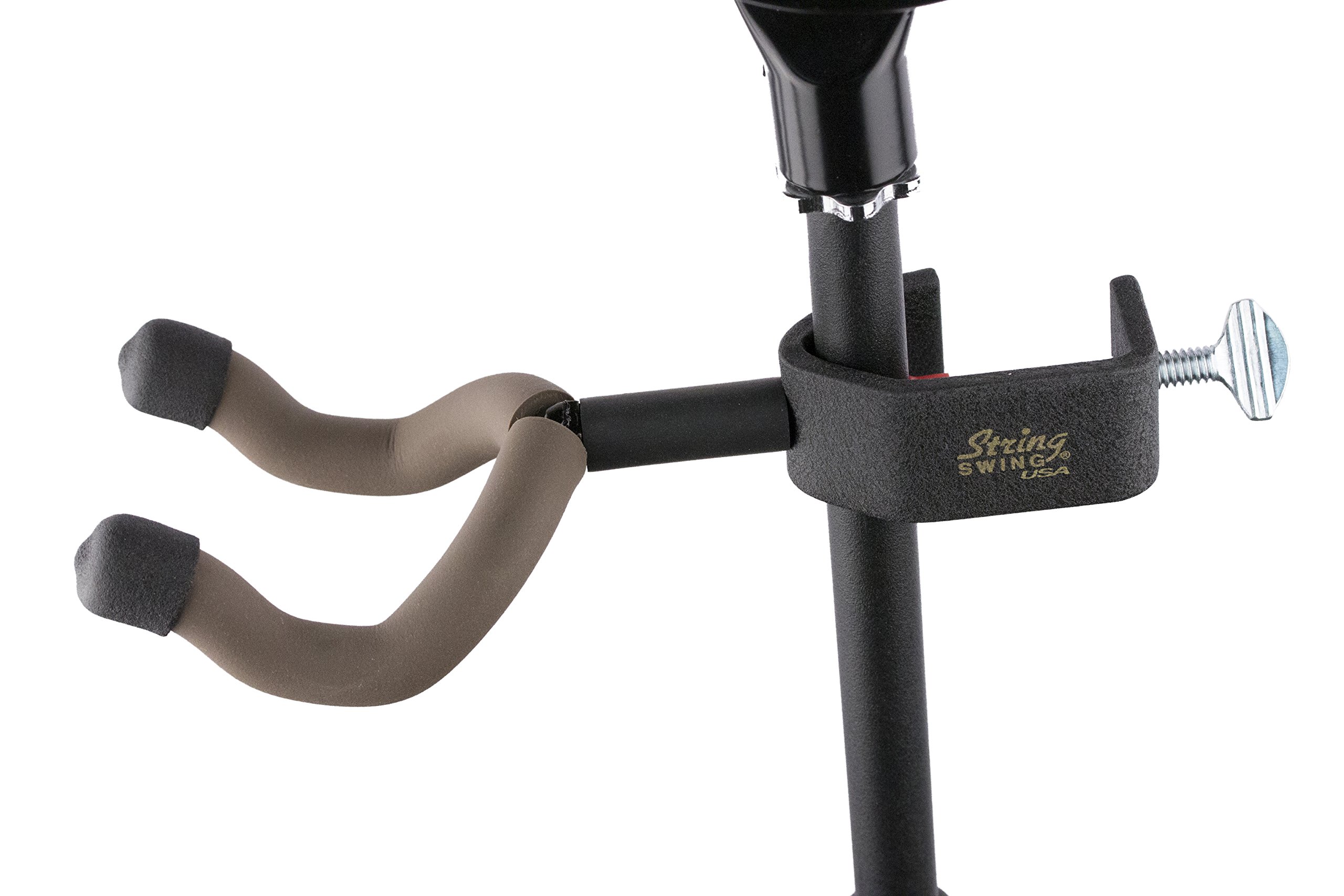 String Swing Mic Stand Guitar Hanger - Holder for Electric Acoustic and Bass Guitars Stand Accessories for Home or Studio - Keeps Musical Instruments Safe On Stage Black Metal Stand Clamp CC04K