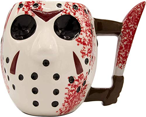 Silver Buffalo Warner Bros Friday The 13th Jason Mask with Knife Ceramic Coffee 3D Sculpted Mug, 1 Count (Pack of 1), Multicolor, 20 fluid ounce.