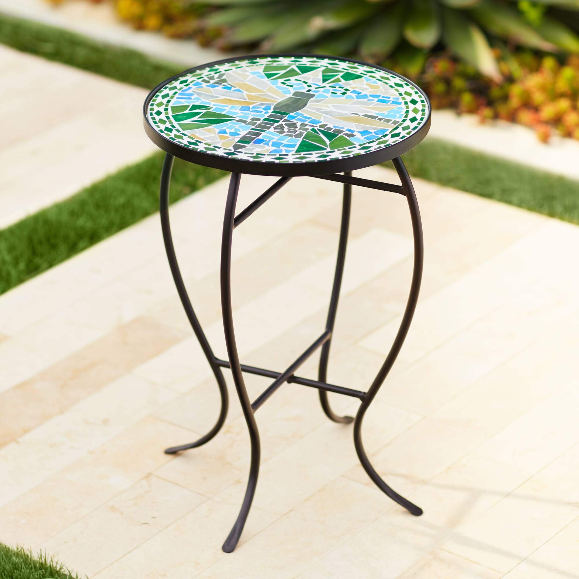 Teal Island Designs Dragonfly Modern Black Metal Round Outdoor Accent Side Table 14" Wide Blue Green Mosaic Tile Inlay Tabletop Gracefully Curved Legs for Spaces Porch Patio Home House Balcony Deck