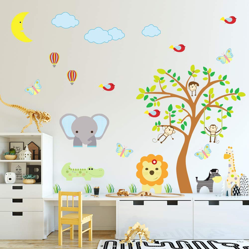 Supzone Jungle Tree Wall Stickers Pink Animal Wall Decals Removable for Girls Children's Room Nursery Bedroom Classroom Wall Decor