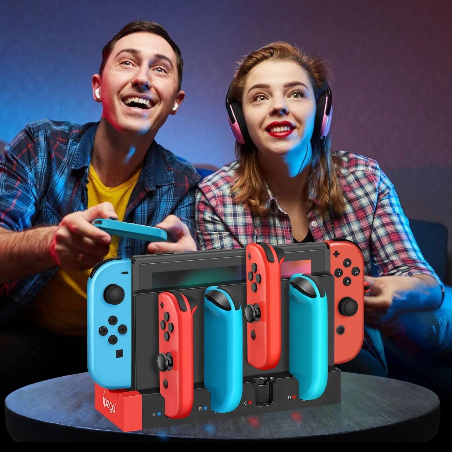 TNP Switch Joycon Charging Dock for Nintendo Switch Controller Charger Station and Switch OLED, Support 4 Joy con Holder with LED Indicator, Remote Docking Stand Base Attachment (Green, Blue)