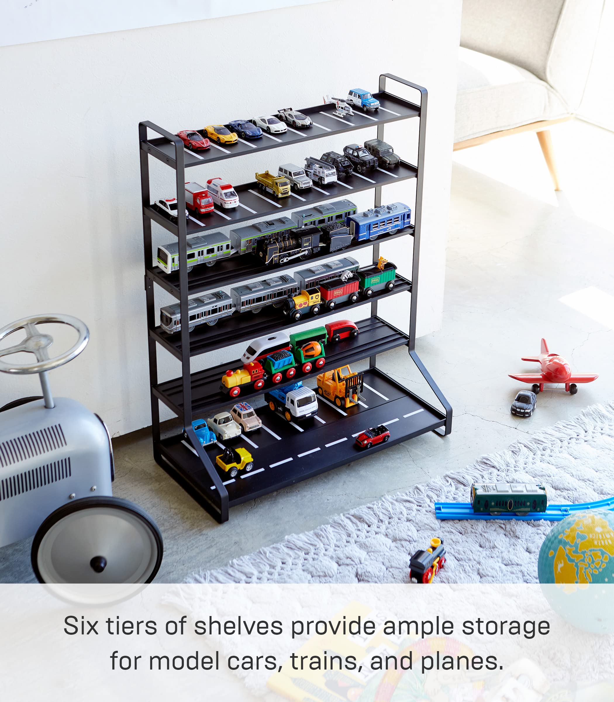 YAMAZAKI Parking Garage Home Train Hotwheels Model Car Display | Kids Steel | Toy Storage, One Size, Black