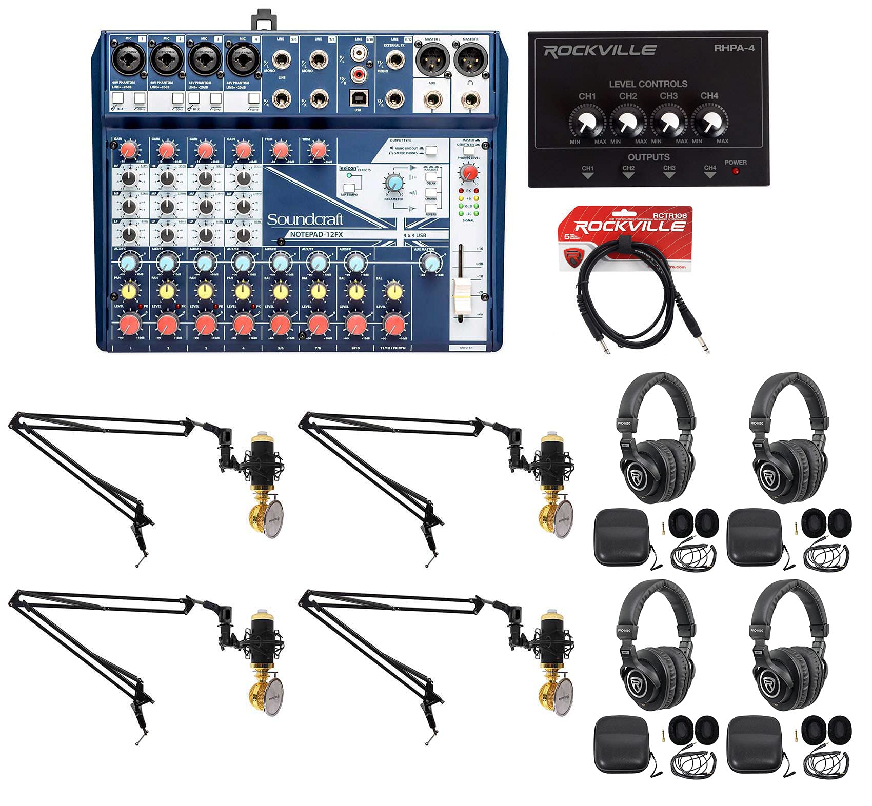Soundcraft Notepad-12FX Mixer Bundle with Rockville RCM02 Pro Recording Mic, PRO-M50 Studio Headphones, DMS40 40" Mic Boom Arm, RCTR106B TRS to TRS Cable and RHPA4 Headphone Amplifier Stereo