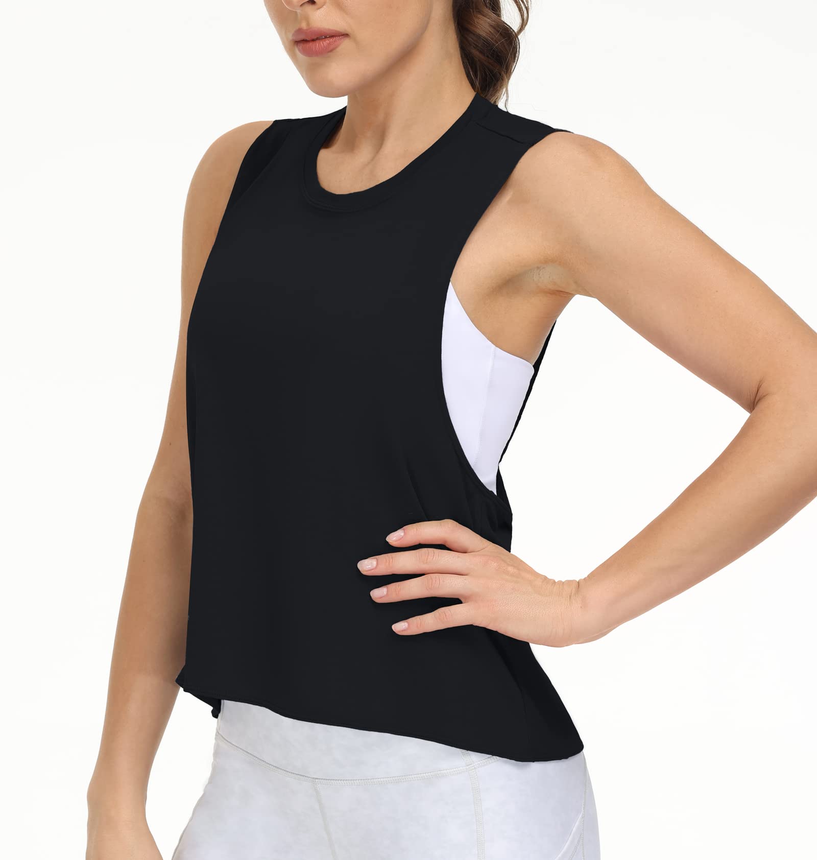 THE GYM PEOPLE Women's Open Cross Back Workout Tank Tops Loose Fit Sleeveless Yoga Running Shirts Black