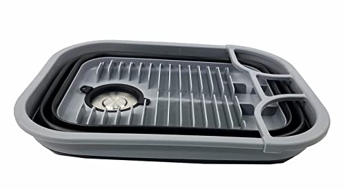 SAMMART 15L (3.96 Gallons) Collapsible Plastic Dish Drainer - Foldable Drying Rack - Portable Dinnerware Organizer - Space Saving Storage Tray for Kitchen, Camping (Grey/Black)