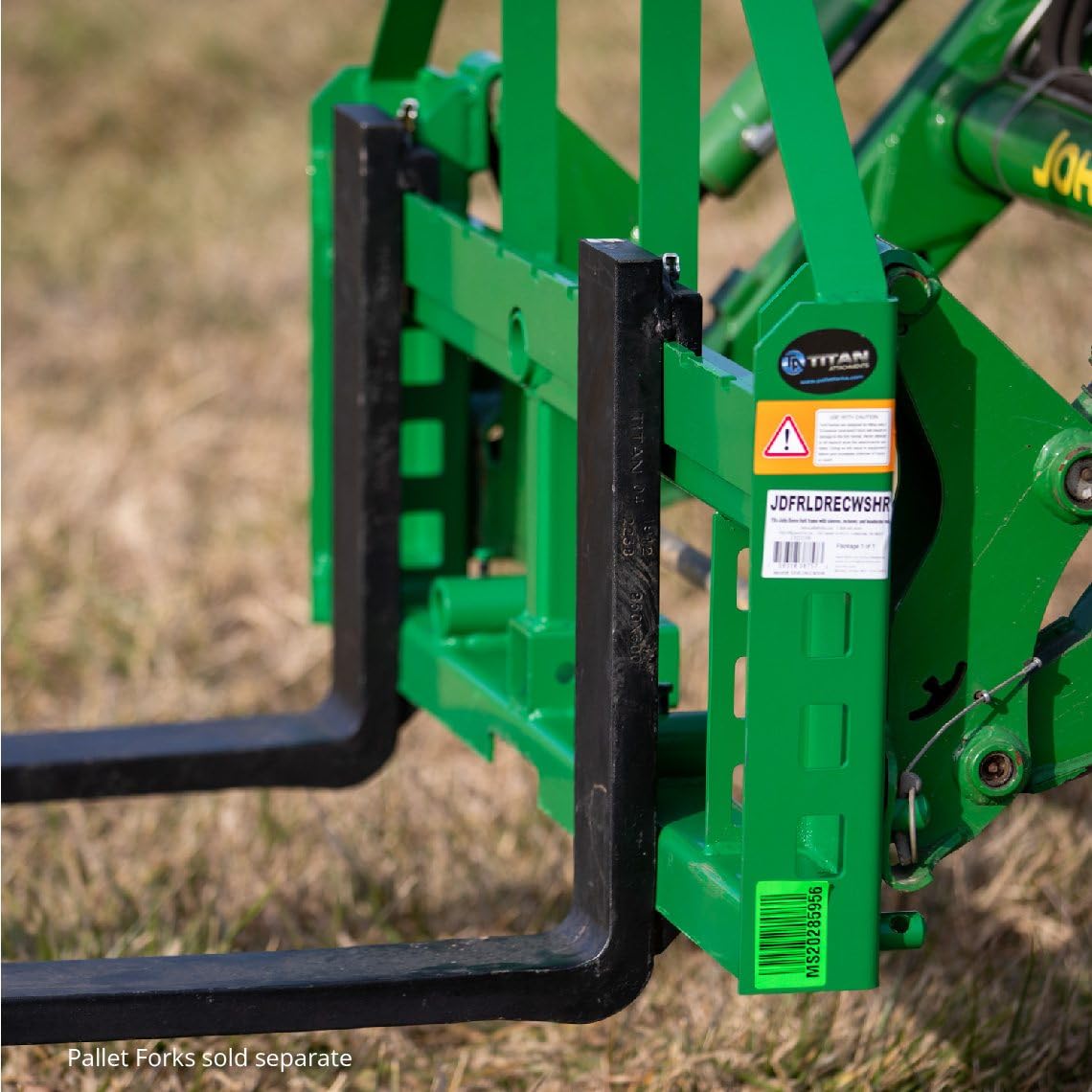 Titan Attachments Heavy Duty Pallet Fork Frame with 2" Trailer Receiver Hitch and Bale Spear Sleeves Fits JD Loaders