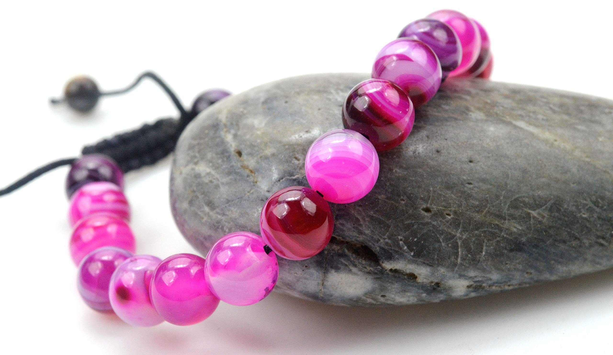 PURPLE WHALE Botswana agate gemstone precious Round Beads magenta color sliding knot adjustable bracelet small pink 7" - 8" length, Women Men Unisex