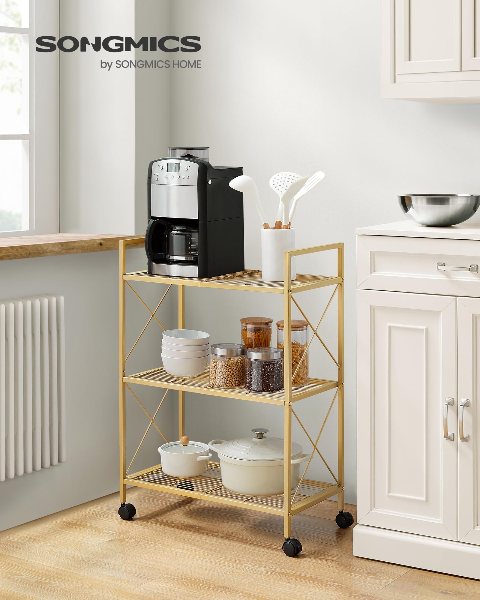 SONGMICS 3-Tier Metal Storage Rack with Wheels, Mesh Shelving Unit with X Side Frames, 31.5-Inch Width, for Entryway, Kitchen, Living Room, Bathroom, Industrial Style, Metallic Gold UBSC183A01