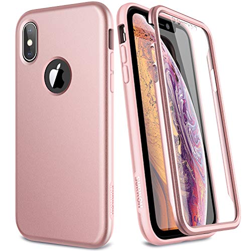 SURITCH Case for iPhone Xs Case/iPhone X, [Built-in Screen Protector] Matte Full-Body Protection Hard PC Bumper + TPU Rubber Shockproof Cover Compatible with iPhone Xs/iPhone 10 (Rose Gold)