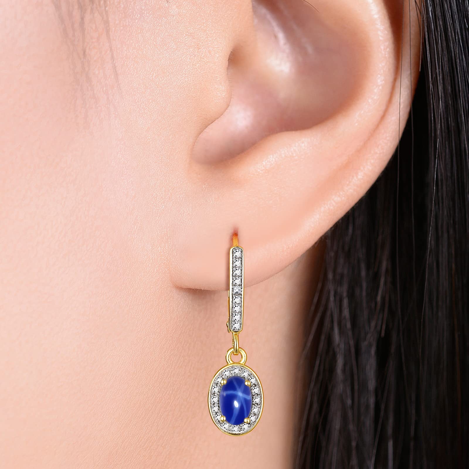 Rylos Yellow Gold Plated Silver Dangling Earrings - 6X4MM Oval Blue Star Sapphire & Sparkling Diamonds - Exquisite Birthstone Jewelry
