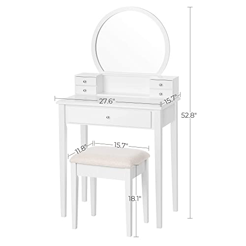 VASAGLE Vanity Set Makeup Dressing Table with Mirror, Padded Stool, 5 Drawers, 27.6 x 15.7 x 52.8 inches, White