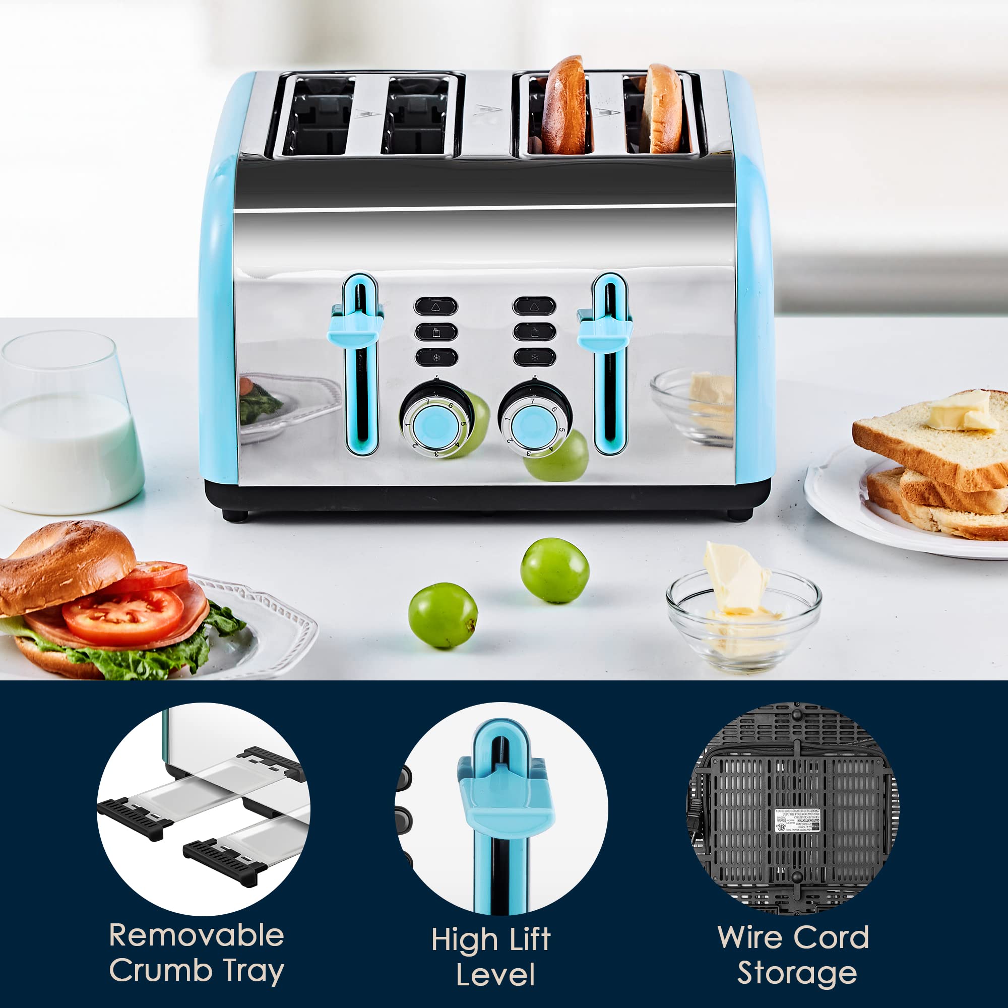 Toaster 4 Slice, CUSINAID 4 Wide Slots Stainless Steel Toasters with Reheat Defrost Cancel Function, 7-Shade Setting, Blue