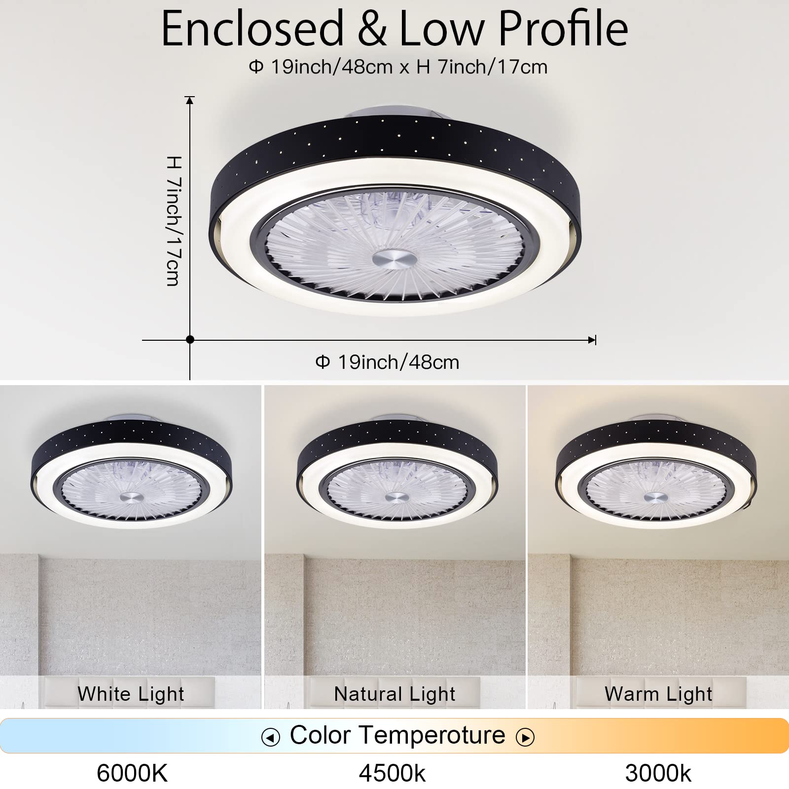 POWROL Ceiling Fans with Lights Bladeless Low Profile Remote Control Enclosed Ceiling Fan LED 3 Colors Dimming 3 Speed 19''Flush Mount Fan Light Iron Black Timer 1H/2H for Bedroom