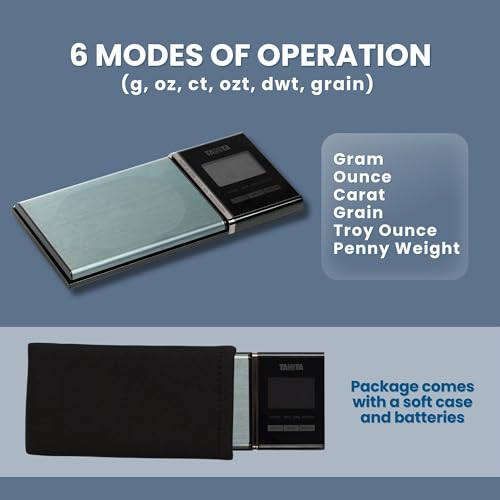 Tanita 1479J2 Mini Scale - Japan Technology Accurate Digital Pocket Scale for Jewelry - 200G Capacity - Blue Backlit Display - 6 Different Modes of Measurement: Gram, Oz, Carat, Troy Oz, Dwt, Grain