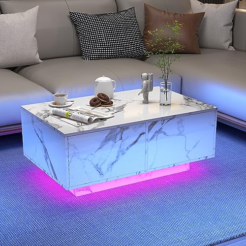 St.Mandyu LED Coffee Table with Storage Drawers,Modern High Glossy Center Table with 20 Colors LED Lights for Living Room (White Marble)
