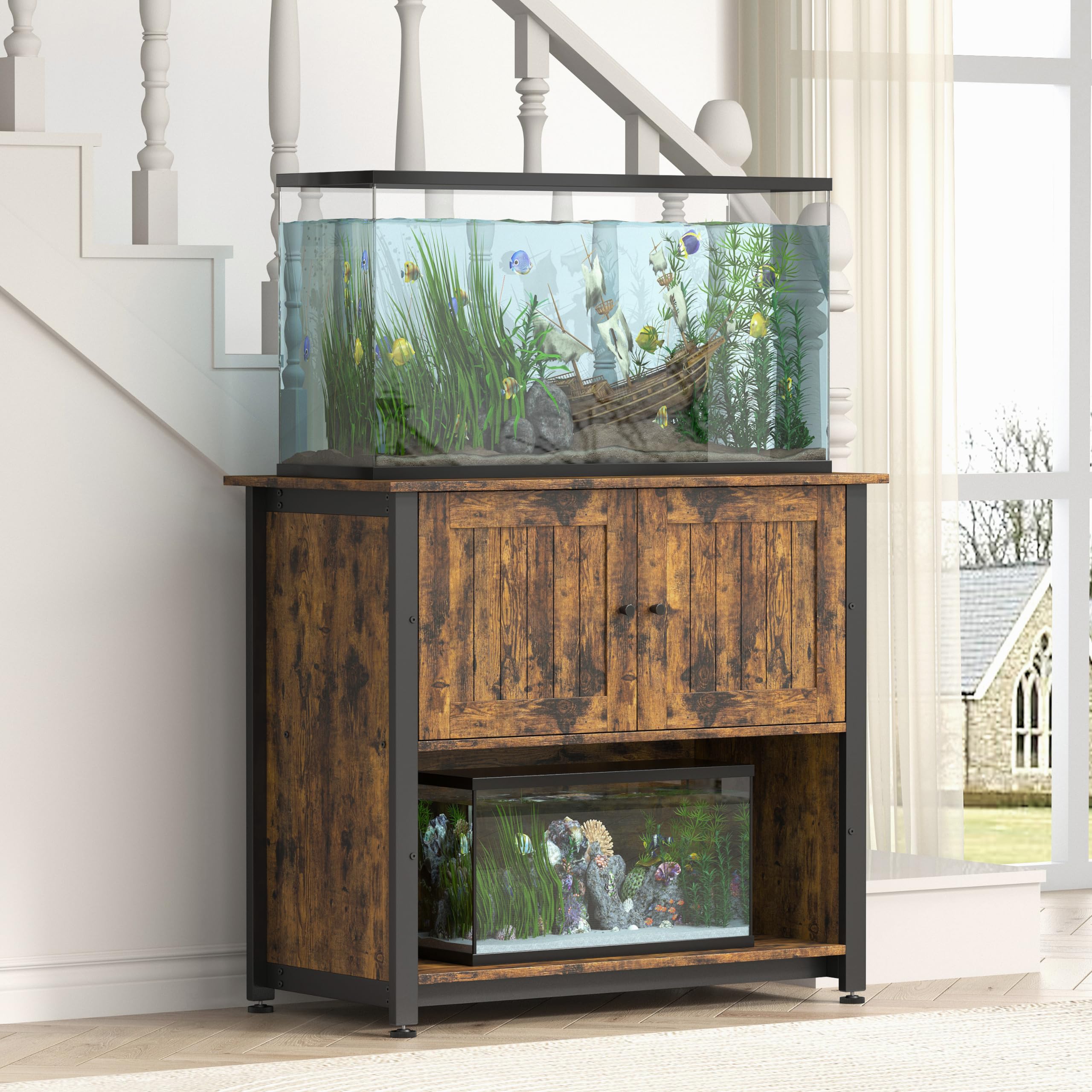 Tatub 40-50 Gallon Fish Tank Stand with Cabinet, Metal Aquarium Stand for Storage, Reptile Tank Table Bearable 1000LBS, Accommodates 2 Aquariums, Black
