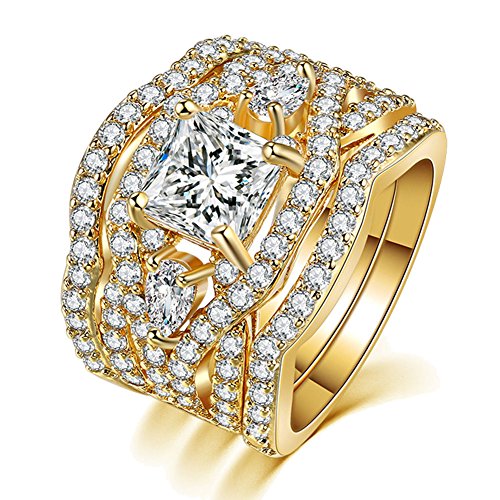 UOKOHO 3 Piece 18K Gold Engagement Rings Set Princess Cut Diamond Halo Infinity Wedding Bridal Ring Band for Women Size 8.5