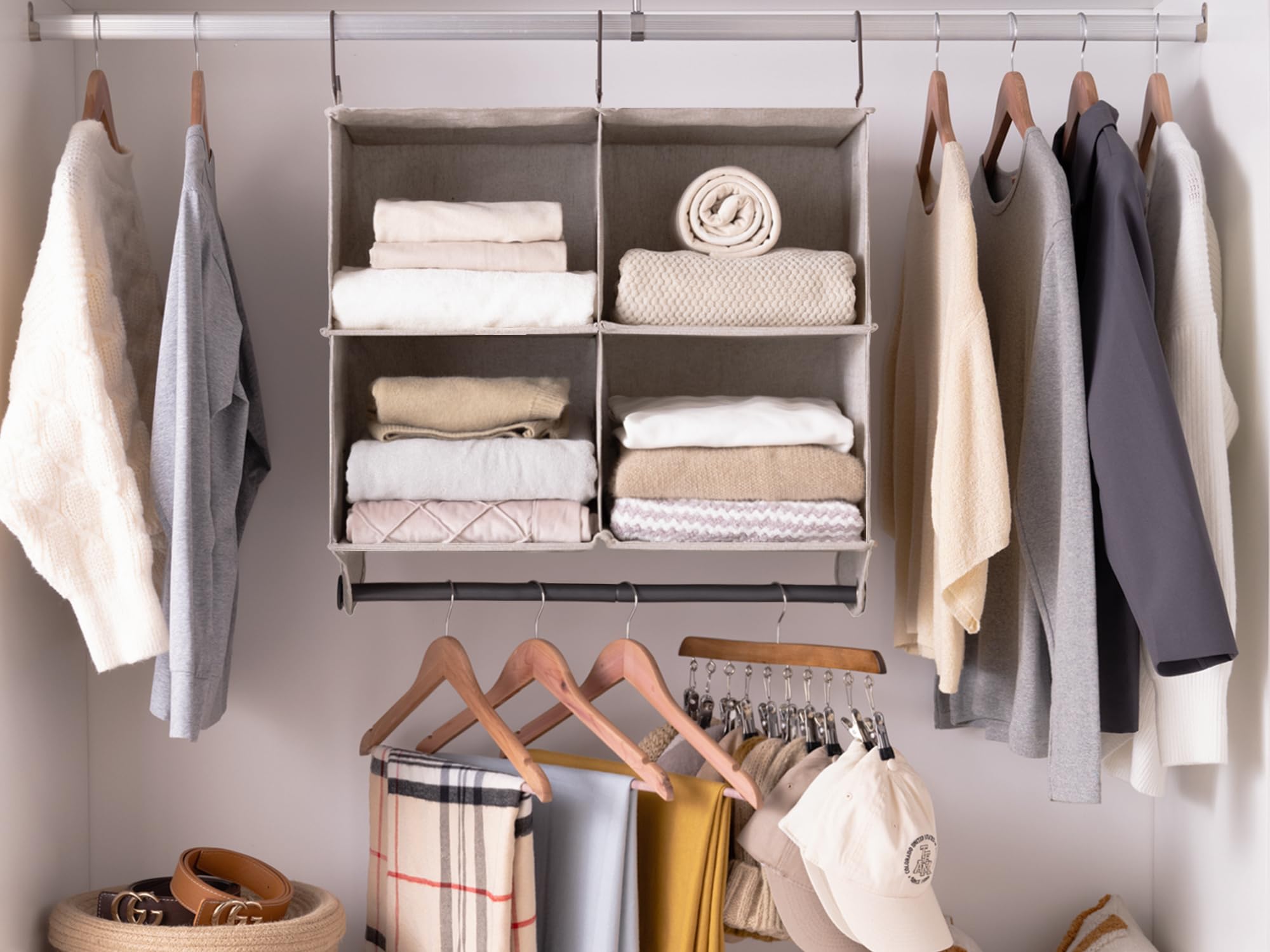 StorageWorks Hanging Closet Organizer with Garment Rod, 4 Section Closet Hanging Shelves, Hanging Clothes Cube Organizer, Mixing of Brown & Beige, 12 ¼" D x 24 ½" W x 28" H