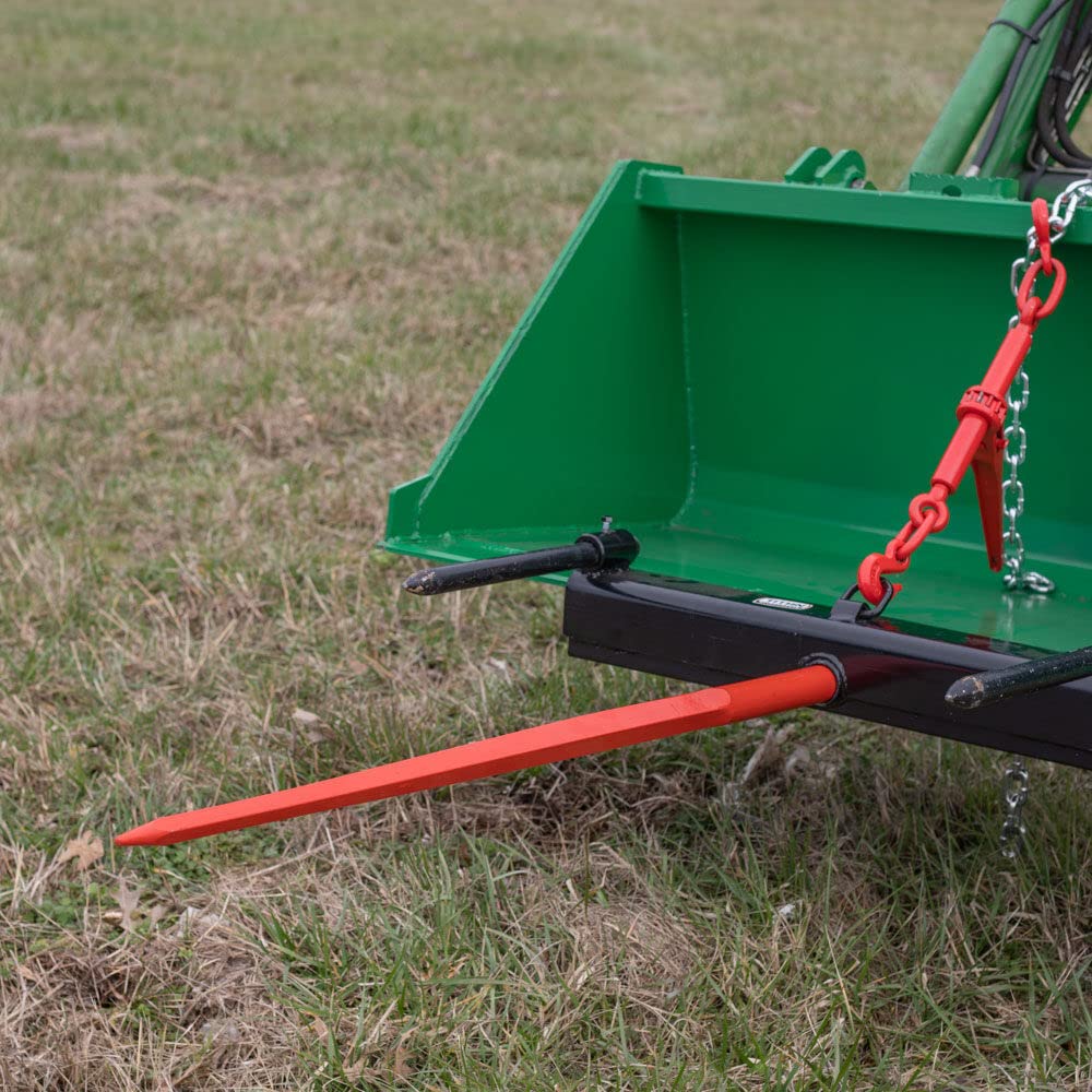 Titan Attachments Hay Bale Spear Frame Attachment with Stabilizer Spears, Universal HD Front Skid Steer Tractor Loader Bucket, 3000 LB Capacity, Conus 2 Sleeves, Chain and Ratchet Binder Included