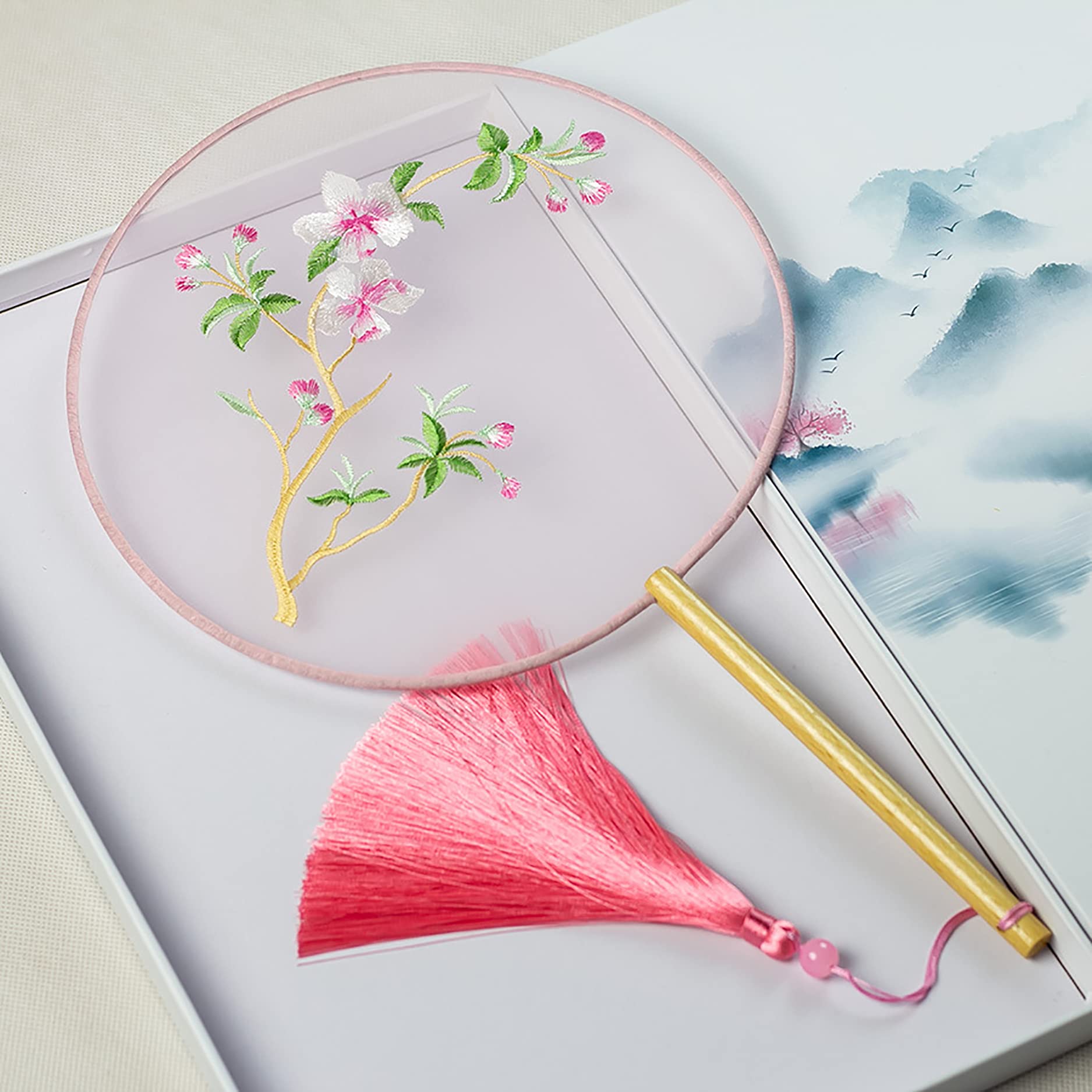 YUELAI Translucent Silk Embroidered Hand Held Fan, Chinese Round Fan, Ancient Hand Fan,Traditional Palace Paddle Dance Fan, Vintage Double-Sided Pattern Fan (Pink Peach Blossom)