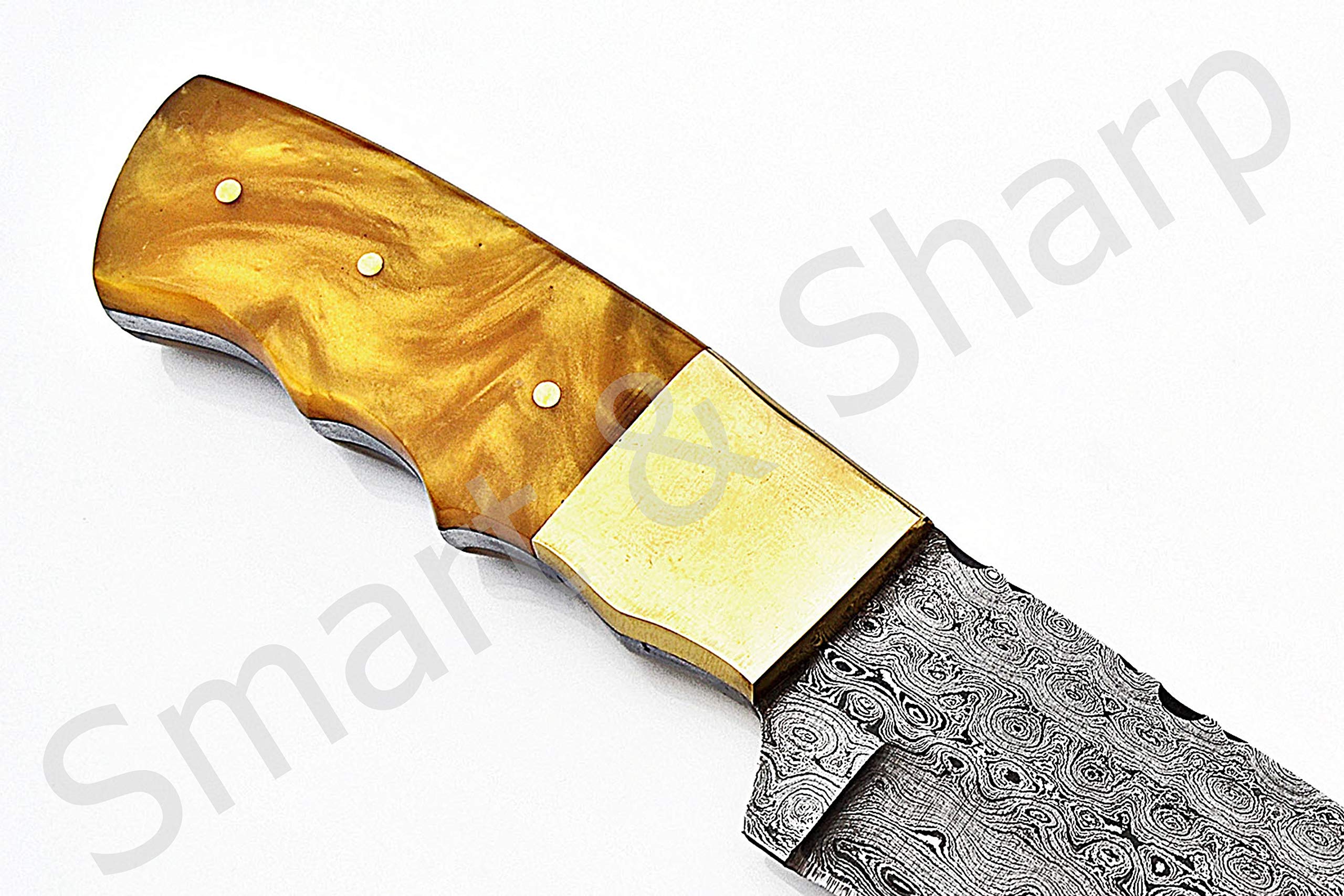 Smart & Sharp Custom Handmade Damascus Steel Hunting Knife/Skinning Knife AA-17235 (Beautiful Yellow & Brown Resin)