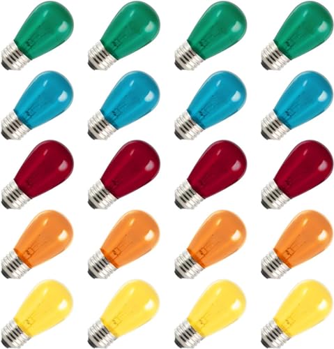 S14 Christmas Replacement Light Bulbs, 20 Pack Glass Edison Vintage Bulbs, 11 Watt, E26 Medium Base, Waterproof Commercial Christmas Bulbs for Indoor Outdoor Home Patio Garden Decoration, Multicolor