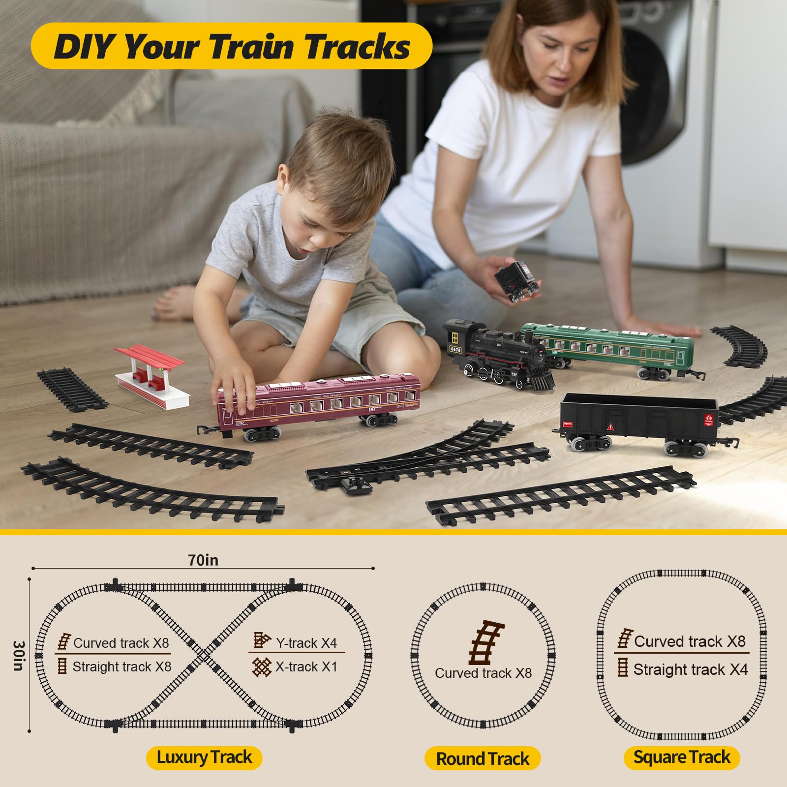 ROGALALY Train Set for Kids, Steam Locomotive Train w/Coal Car,Passenger Coach,Cargo Car & Long Tracks,Electric Train Railway Kits w/Smoke,Lights & Sound,Battery-Powered Train Toys Gift for Boys Girls