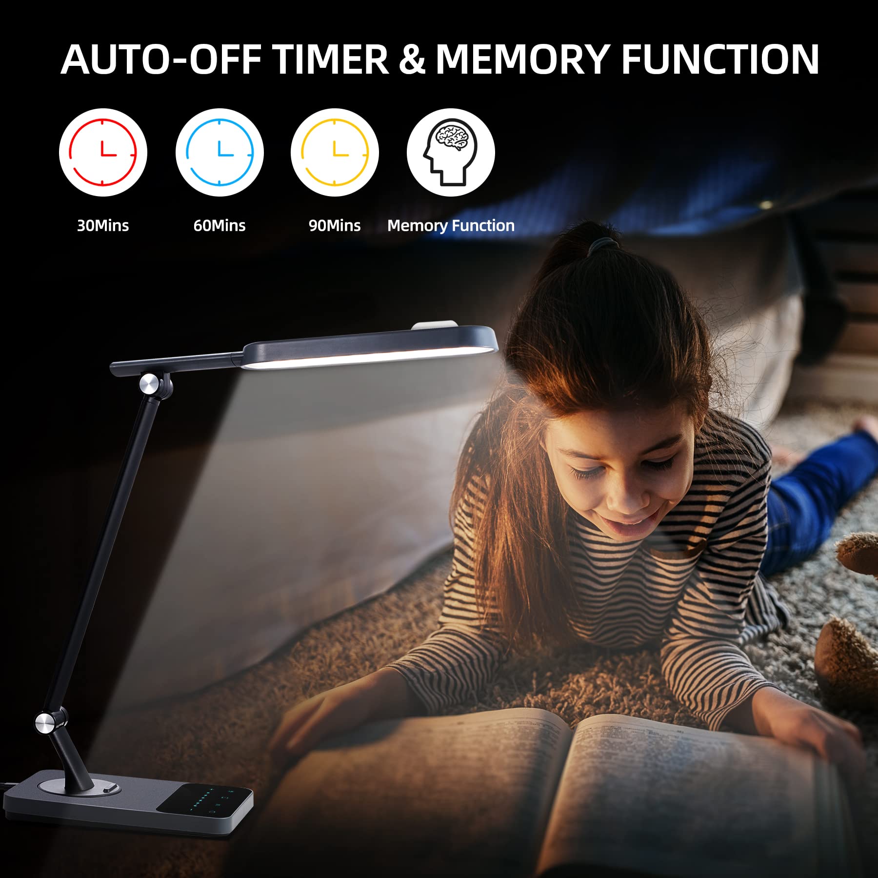 TRONTORE LED Desk Lamp with USB Charging Port,Dimmable Home Office Bright Reading Table Lamp,5 Color Modes 6 Brightness Level, Touch Control,Auto Timer,Memory Function,Eye Caring (Black an Grey)