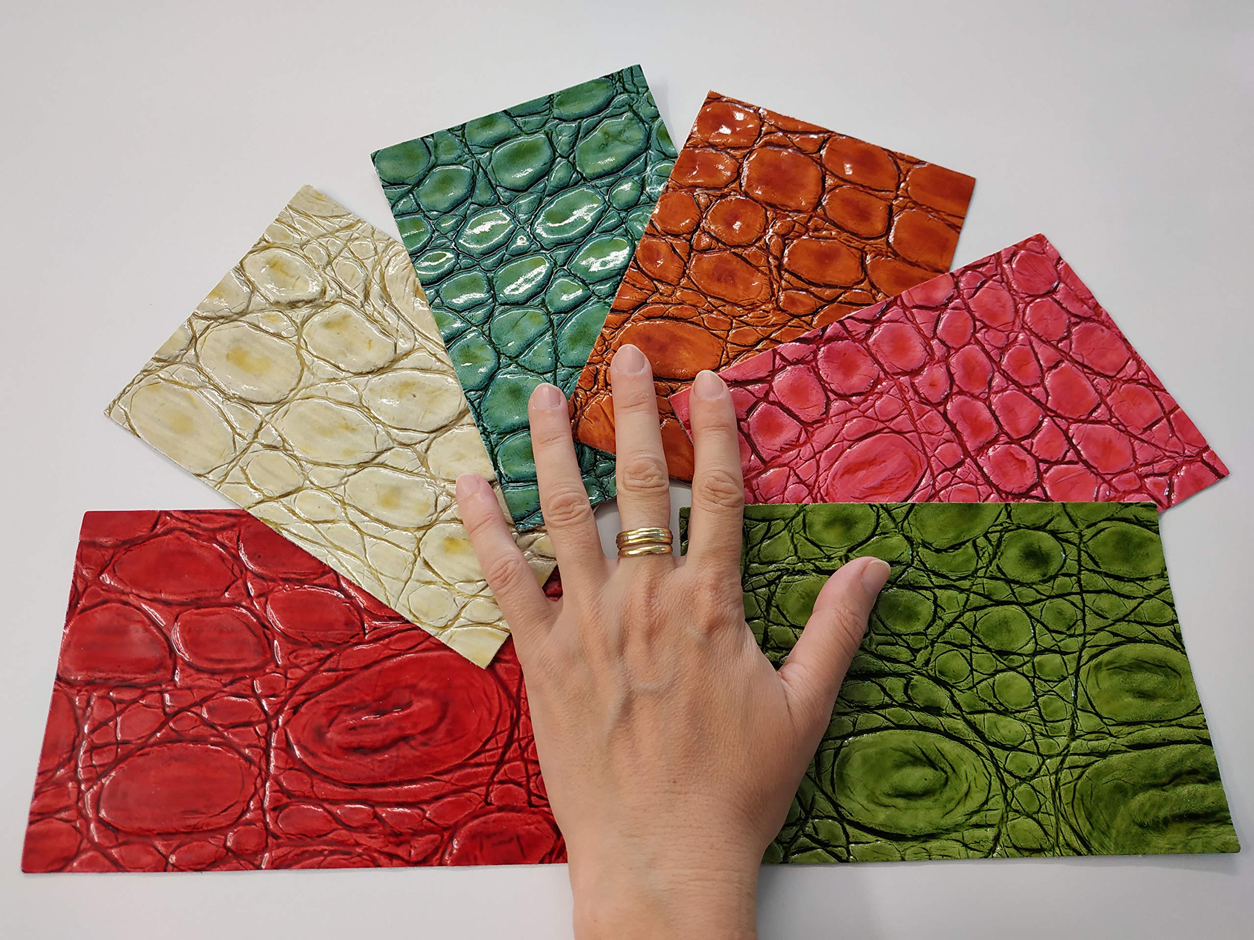 Upon Leather - 6 Genuine Leather Pieces. Embossed and Printed Croc Pattern Cowhide | Scraps 7”x 4.8” in. | Sheets pre-Cut from Whole hides | for Crafts, Earrings, Jewelry | Bright Happy Colors