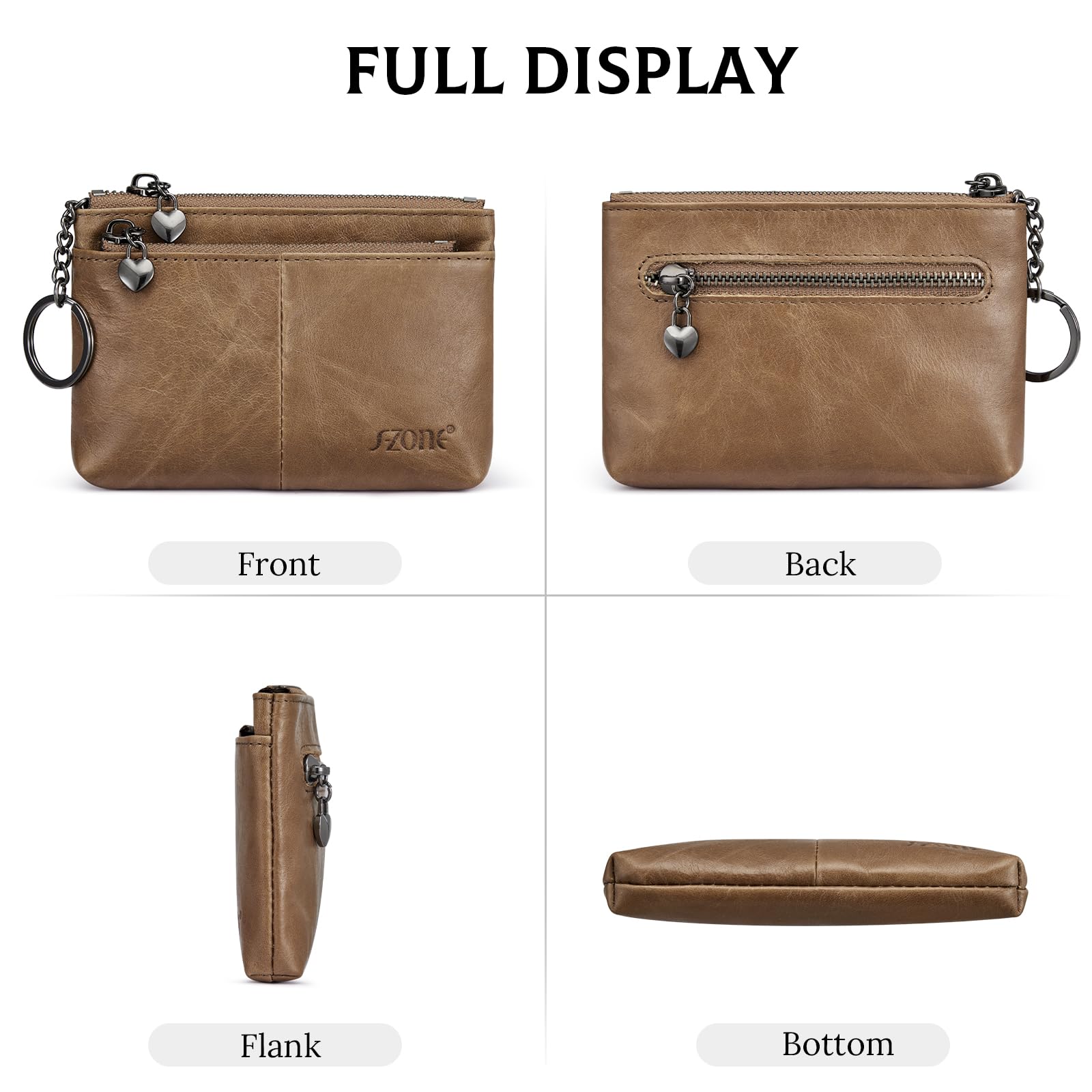 S-ZONE Genuine Leather Coin Purse Women Small Change Wallet Pouch Card Holder with Keychain Gift Box
