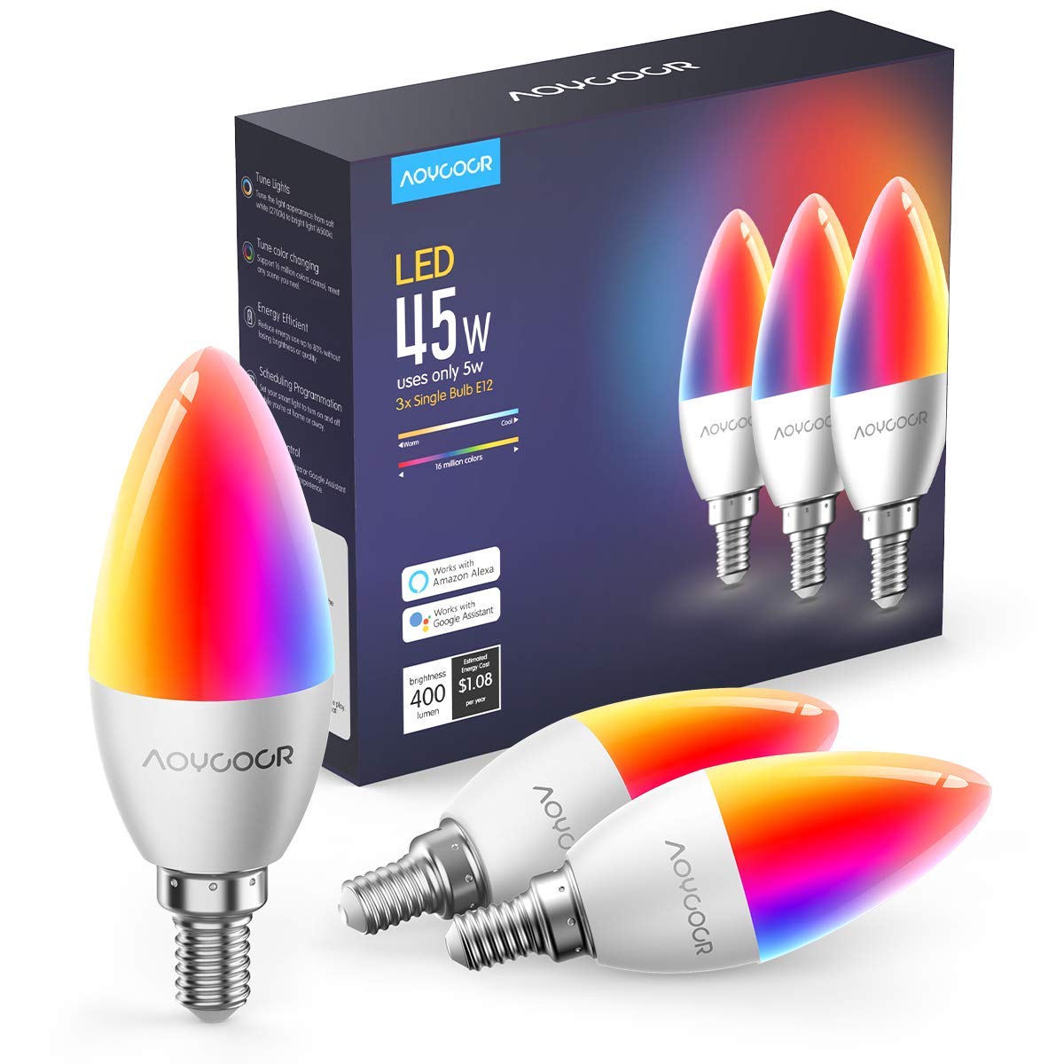 Smart Light Bulbs E12 Base - Aoycocr LED Light Bulb RGBWW Color Changing WiFi Bluetooth Lights Compatible with Alexa Google Home Tunable White Candelabra Bulbs 400 Lumen 45w Equivalent 3 Pack