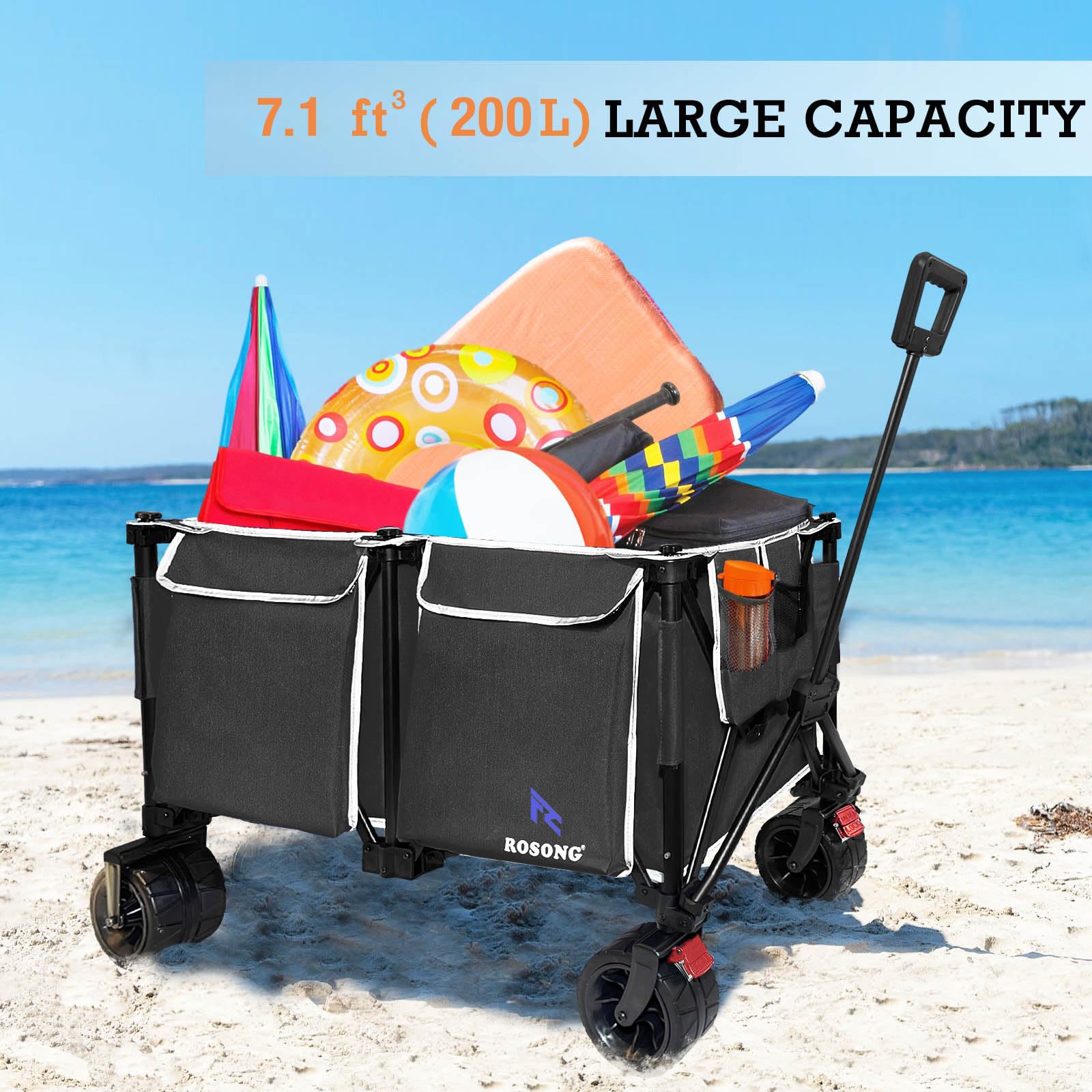 ROSONG Collapsible Heavy Duty π±π¬π¬ πππ¦ Capacity Wagon Cart with Big Wheels, Foldable Folding Cart Utility Lounge Beach Wagons Carts for Sand