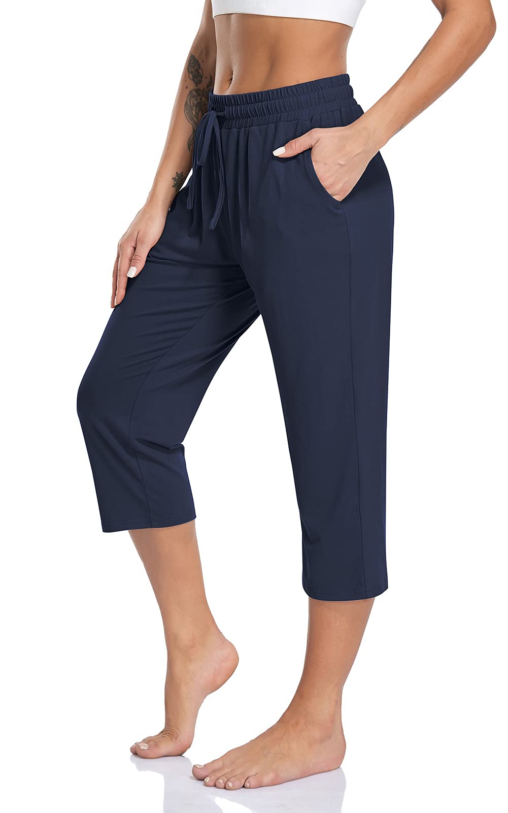 TARSE Womens Capris Yoga Workout Sweatpants Pockets Loose Drawstring Capri Pants Lounge Pajama Cropped Pants (NavyBlue,L)